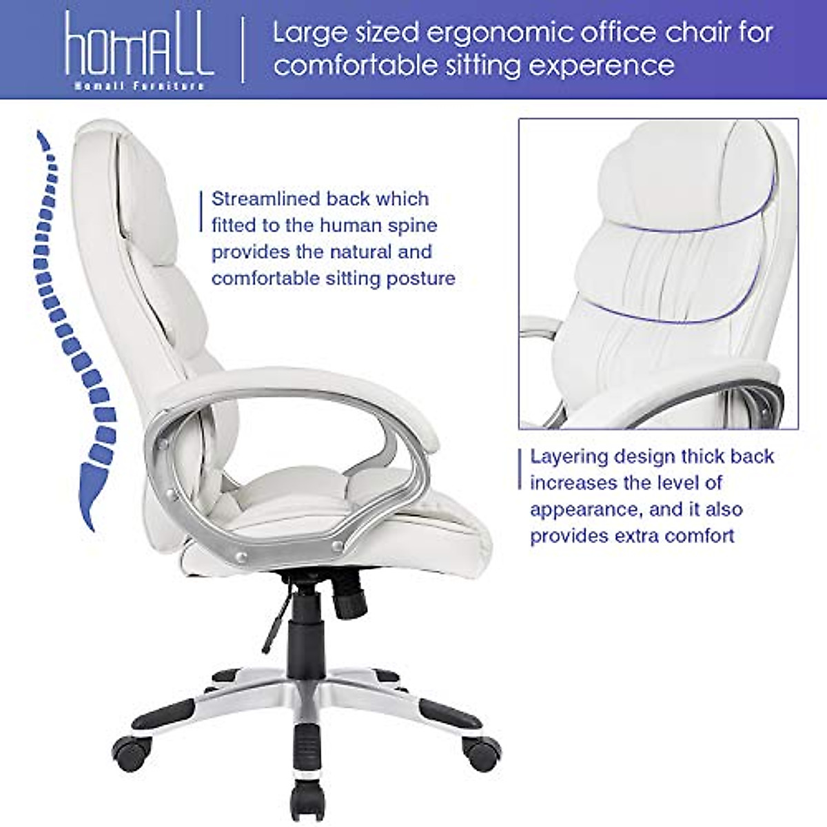 Homall Office Chair High Back Computer Chair Desk Chair, PU Leather Adjustable Height Modern Executive Swivel Task Chair with Padded Armrests and Lumbar Support (White)