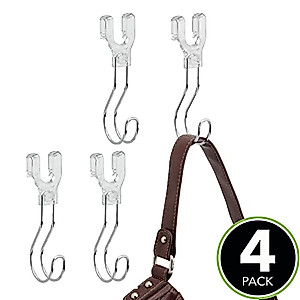 mDesign Hanging Closet Storage Hook - Organizes Handbags, Scarves, Ties, Belts, Accessories - Great for Men, Women & Kids Bedroom, Hall & Coat Closet - Hangs Below Wire Shelving, 4 Pack - Chrome/Clear