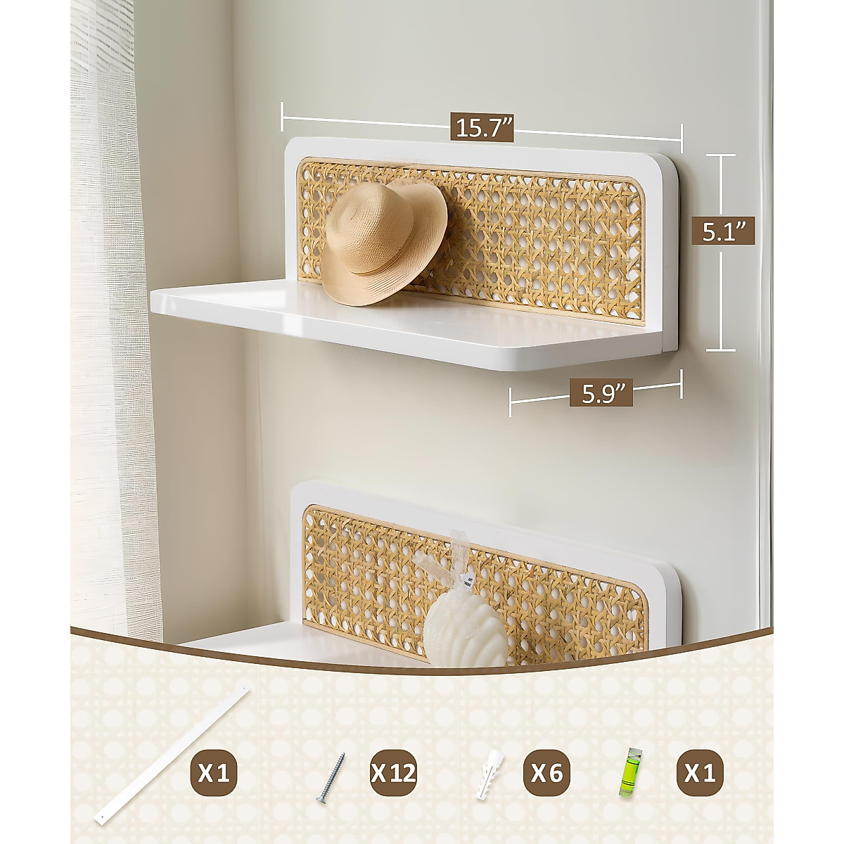 Maxpeuvon Rattan Floating Shelves, Boho Cane Webbing Wall Shelves Farmhouse Display Storage Organizer White Bookshelves Wicker Room Decor for Living Room Bedroom Entryway Hallway Bathroom, Set of 2