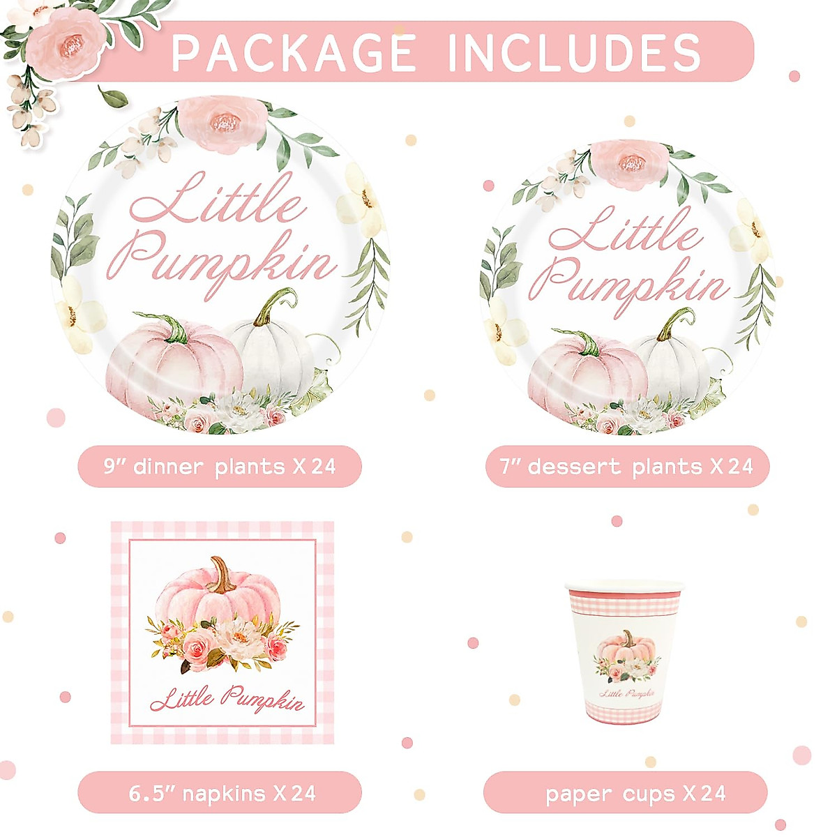 Pumpkin Party Supplies Tableware Set - Fall Theme Party Decorations Including Plates, Napkins and Cups for Pumpkin Birthday and Baby Shower Party, Serves 24 Guests (pink)