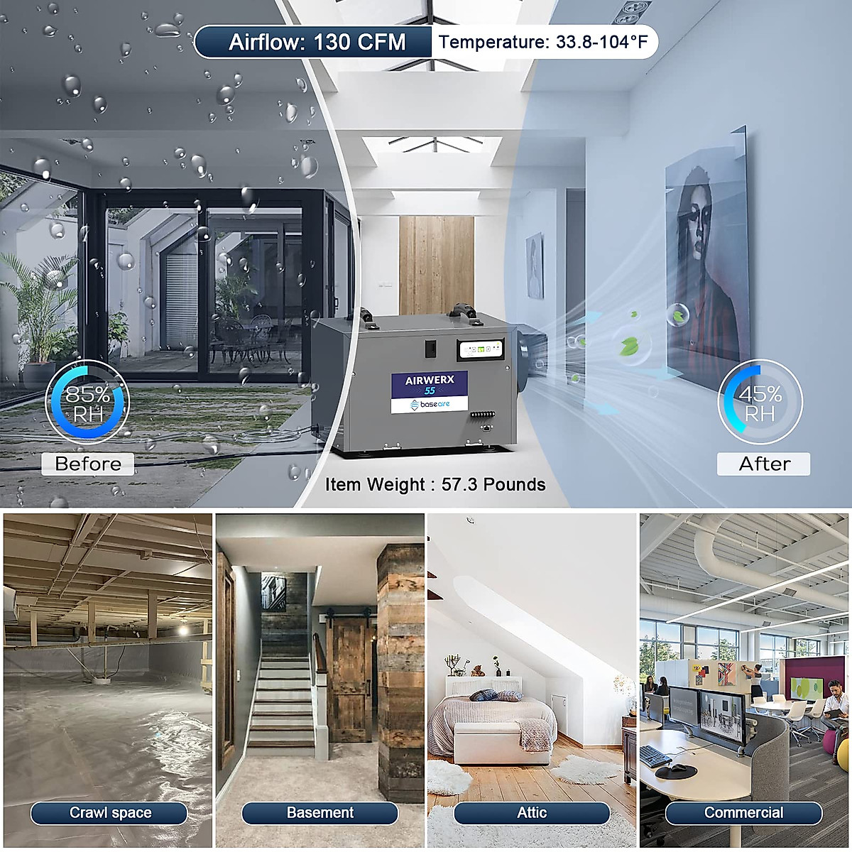 BaseAire AirWerx55 Dehumidifier for Crawl Space Basement,120 Pints Commercial Dehumidifier with Continuous Drain Hose, 5 Years Warranty, Intelligent Humidity Control, Auto Shut off/Restart