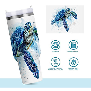 ALAZA Sea Turtle Watercolor 40 oz Tumbler Stainless Steel Water Bottle Vacuum Insulated Cup with Straw Lid & Handle For Travel Car Cup Holder