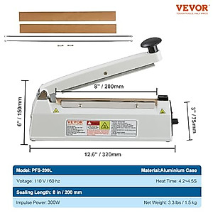 VEVOR Impulse Sealer 8 inch, Manual Heat Sealing Machine with Adjustable Heating Mode, Aluminum Shrink Wrap Bag Sealers for Plastic Mylar PE PP Bags, Portable Poly Bag Sealer with Extra Replace Kit
