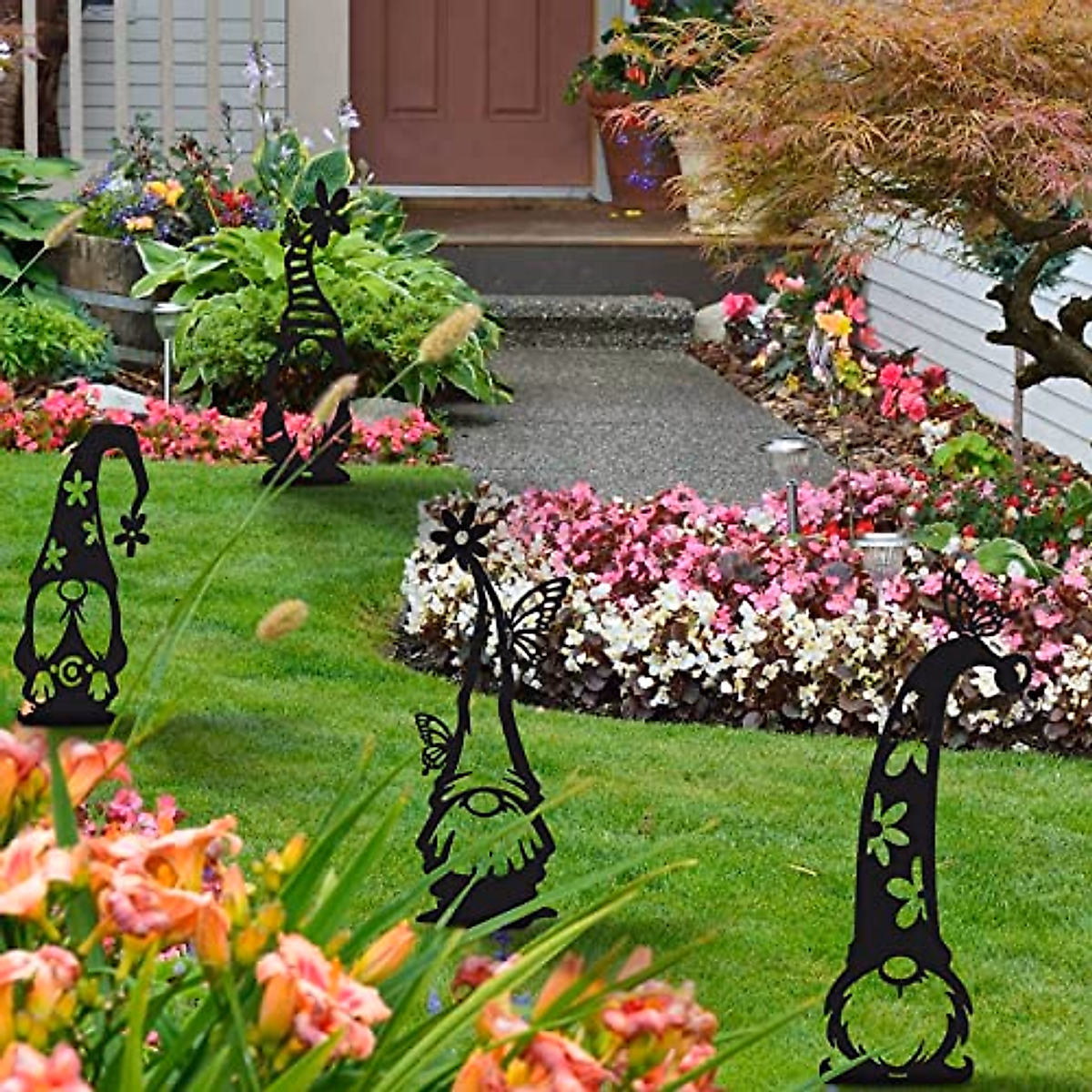 Garden Gnomes, Sanyi Gnomes Garden Decorations for Yard, 23" Large Garden Stakes Decorative, Hollow Out Silhouette Metal Garden Decor for Lawn, Metal Yard Art (4 PCS)