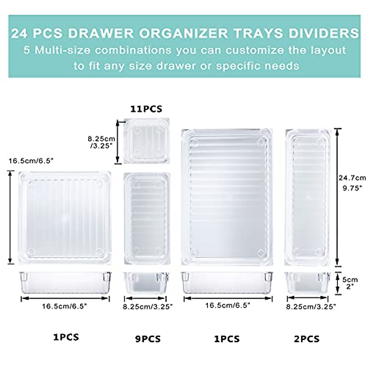 HighFree 24 Pcs Clear Desk Drawer Organizer Tray with 5-Size, Plastic Bathroom Makeup Drawer Dividers, Versatile Organizer Container Storage Bins for Kitchen,Office,Dresser & Cabinet