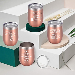 Christmas Stemless Wine Tumbler Set of 4, Funny Christmas Gifts for Women Wine Lovers Mom Sister Best Friends, Housewarming Gifts, Insulated Stainless Steel Wine Tumbler with lid(12oz, Rose Gold)