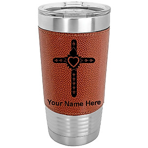LaserGram 20oz Vacuum Insulated Tumbler Mug, Cross with Heart, Personalized Engraving Included (Faux Leather, Basketball Style)