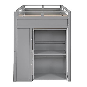 DRELOFT Loft Bed, Twin Size Wooden Loftbed with Rolling Cabinet and Desk for Kids and Teens Boys Girls, Versatility Loft Bed Frame for Home, No Box Spring Needed, Gray