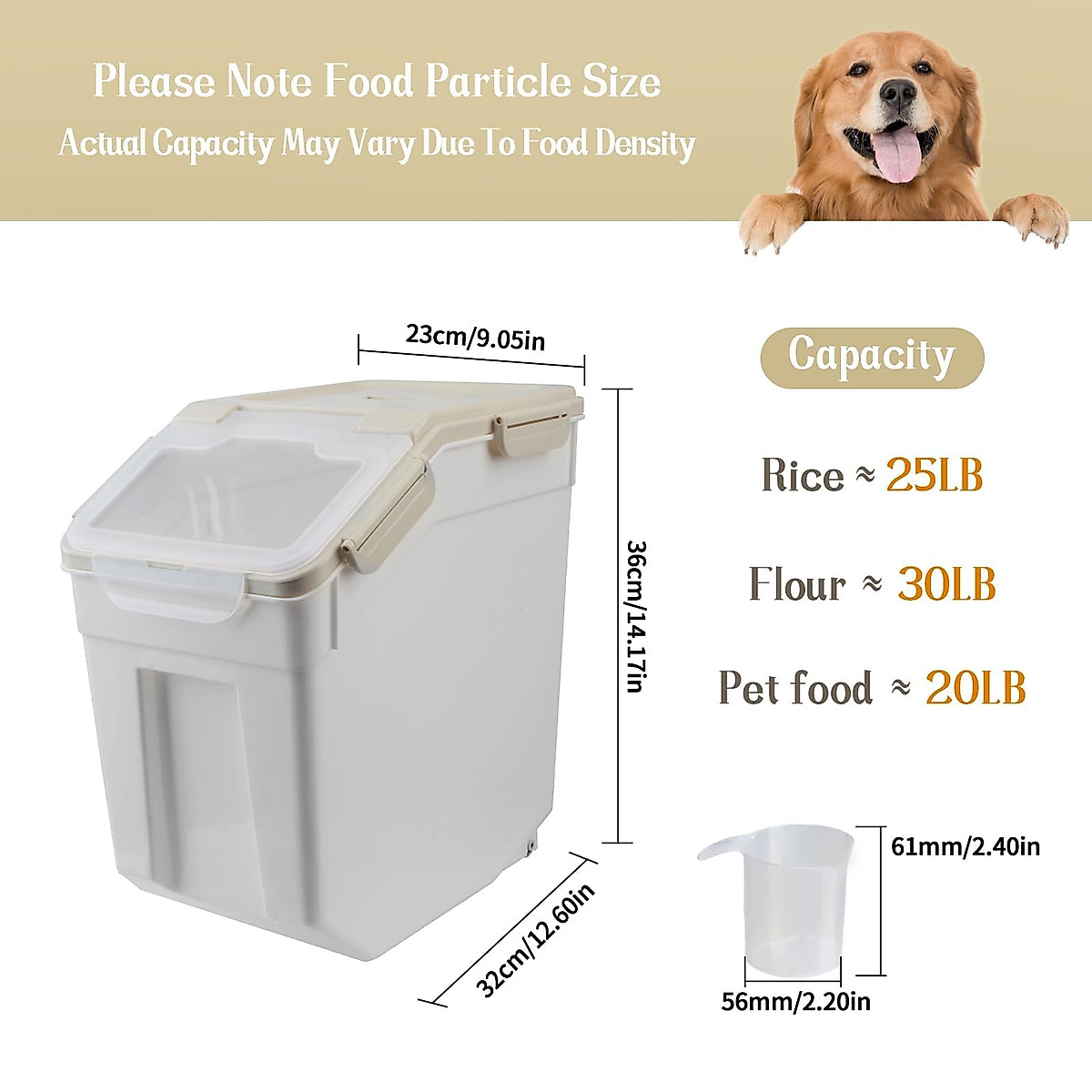 50 lb Airtight Flour Storage Container, 2 Pack Large Rice Storage Container Bin with Wheels, Flip Top Lip, Measuring Cup, Scoop, Plastic Rice Dispenser, for Grain Sugar Beans Cereal Dog Food (Gray)