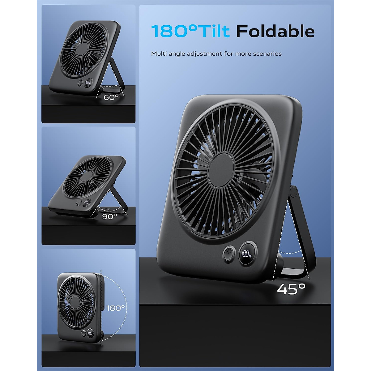 Otlonpe Desk Fan, Rechargeable Portable Fan Slim Quiet, 4000mAh Small Personal Table Fan Battery Operated 7.5-22H, Power Bank, 4 Speeds, 180° Foldable Desktop Fan for Travel Home Office Outdoor, Black