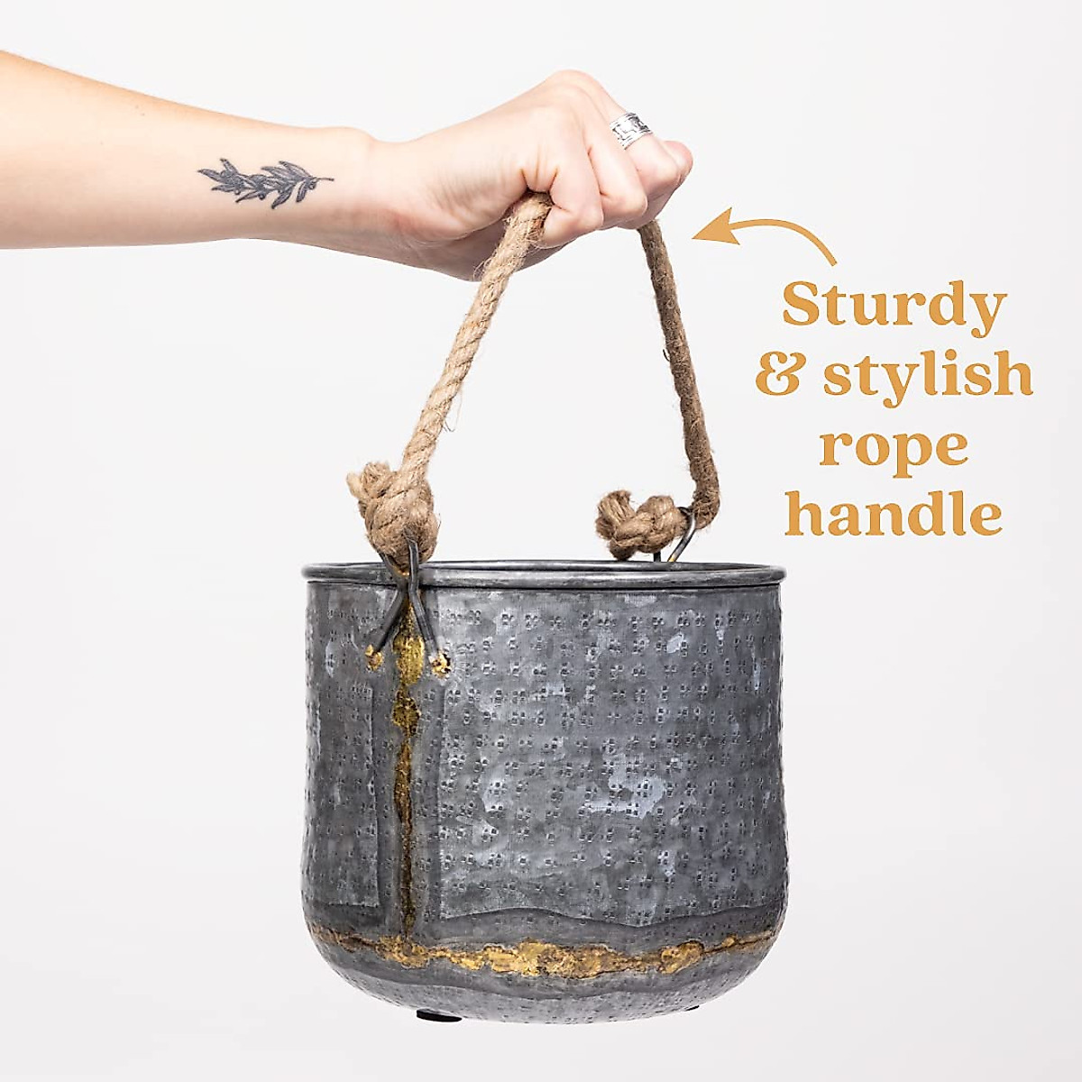 Avera Products Lasso Bucket Set of 2 | Galvanized Metal Bucket Planters for Indoor Plants, Rustic Metal with Gold Weld Trim, includes Drainage Holes