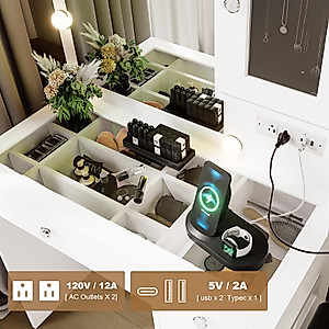 Ksuefao Vanity Desk with LED Lighted Mirror & Charging Station, Makeup Vanities Table with 2 Drawers for Bedroom, Storage Bench Included, White