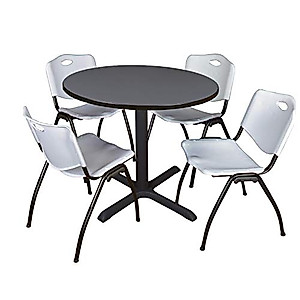 Cain 42" Round Breakroom Table- Grey & 4 'M' Stack Chairs- Grey