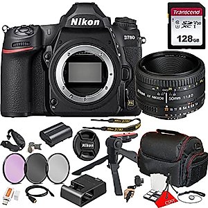 Nikon D780 DSLR Camera with 50mm F/1.8D Prime Lens + 128GB Memory + Case + Filters + Tripod + 3 Piece Filter Kit + More (24pc Bundle)