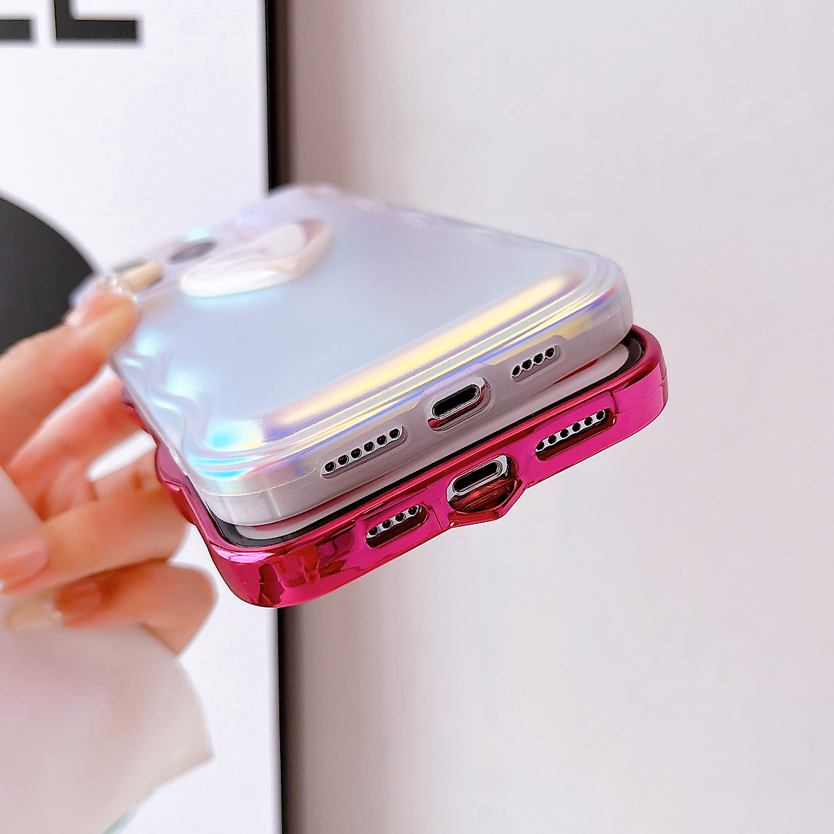 Qokey for iPhone 14 Pro Max Case 6.7 inch,Cute 3D Love Heart Wave Frame Soft TPU Sparkle Bling Laser Colorful Light Glitter Phone Case for iPhone 14 Pro Max for Women Girls Purple