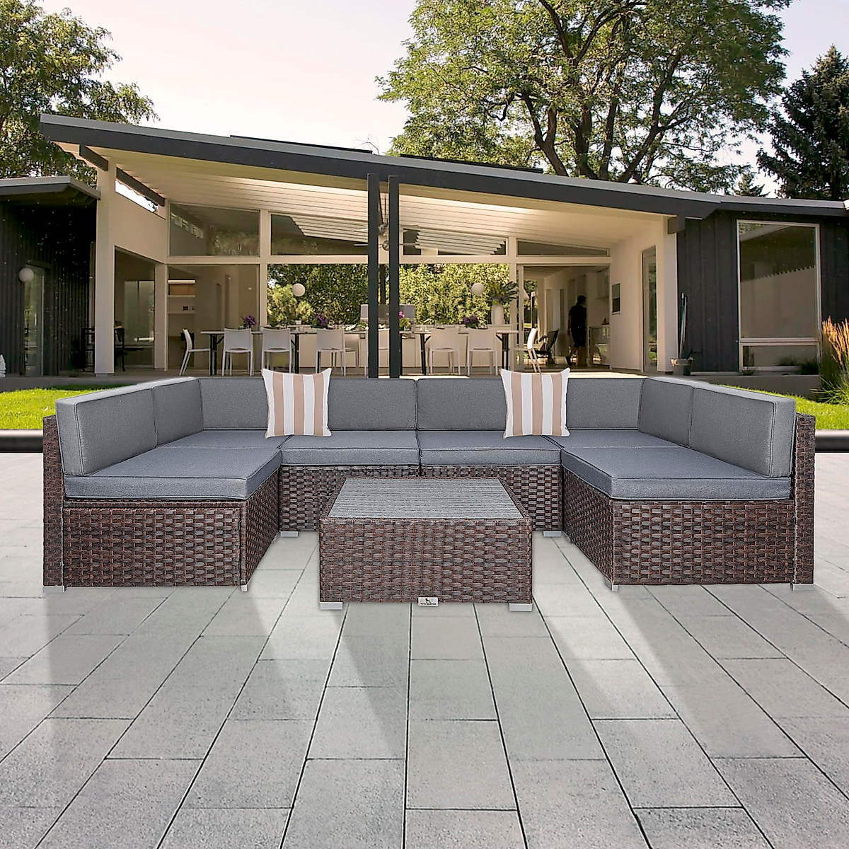 7 Piece Outdoor Patio Furniture Sets with Cushions, Outdoor PE Rattan Wicker Sectional Conversation Patio Couch Sofa Set with Coffee Table, for Garden, Deck, Poolside, Gray