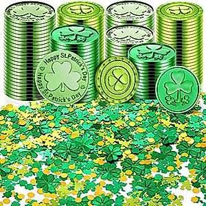 250 Pieces St. Patrick's Day Shamrock Coins 3-Leaf and 4-Leaf Lucky Coins Green and Plastic St. Patrick Confetti Green Table Confetti for St. Patrick's Day Party Decoration Supplies