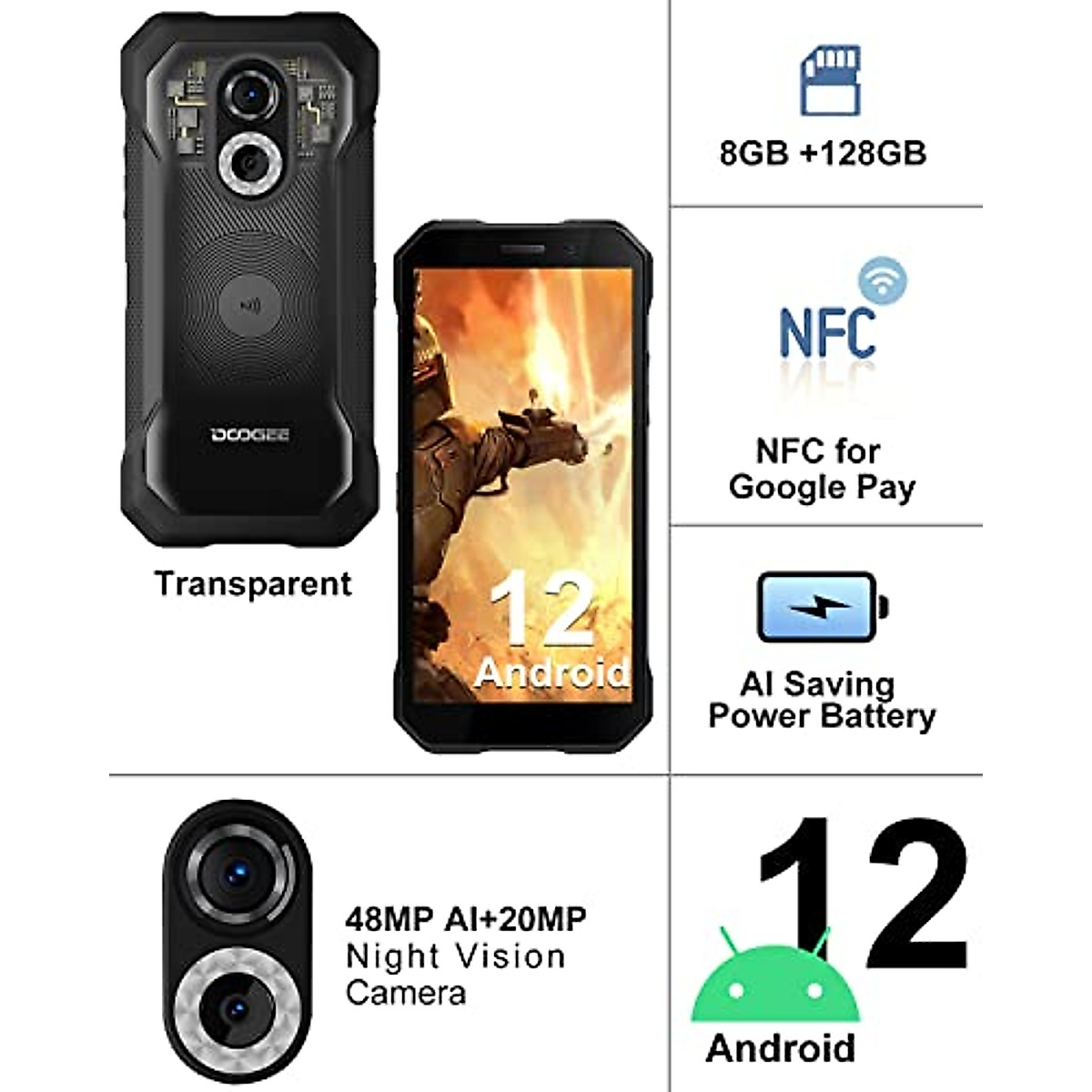 DOOGEE S61 PRO Rugged Smartphone (2022) - 20MP Night Vision Unlocked Android Phones - 8GB+128GB - Android 12 - IP68 Waterproof Rugged Phone Outdoor- 5180mAh Battery - 6.0" IPS HD- Dual SIM 4G - NFC