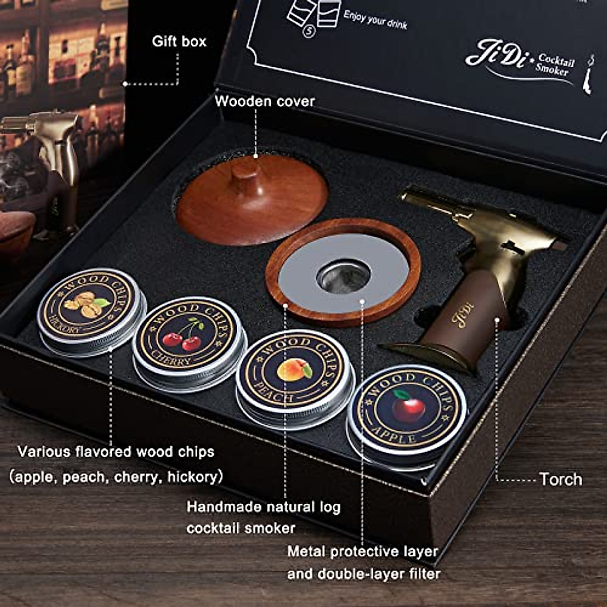 Cocktail Smoker Kit Whiskey Smoker Kit with Torch and Wood Chips-Old Fashioned Chimney Drink Smoker for Cocktails, Whiskey & Bourbon, Ideal Gifts for Men, Boyfriend, Husband, Dad (No Butane)