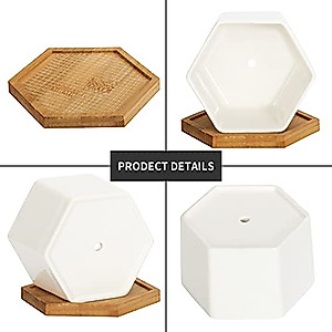 OAMCEG 4 Pack 4 Inch Succulent Plant Pots - Mini Succulent Planters, Set of 4 White Ceramic Succulent Cactus Plant Pots with Bamboo Tray(Plants NOT Included)