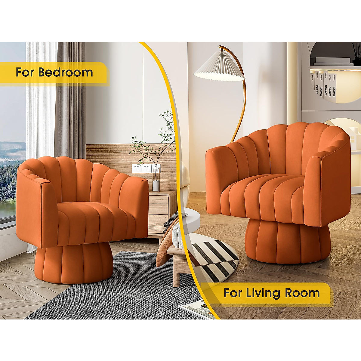 Accent Chair Mid Century 360 Degree Swivel Chair,Modern Lounge Sofa Round Barrel Chair with Wide Upholstered,Fluffy Velvet Fabric Chairs for Home Sofa Living Room/Bedroom/Waiting Room (Orange)