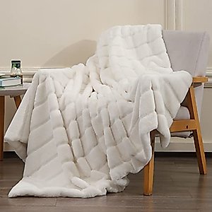 LuxenrelaX Striped Super Soft Faux Fur Throw Blanket-60x80, Anti-Shedding Cozy Fuzzy Plush Blanket for Couch, Bed, Sofa - (60" x 80", Ivory)