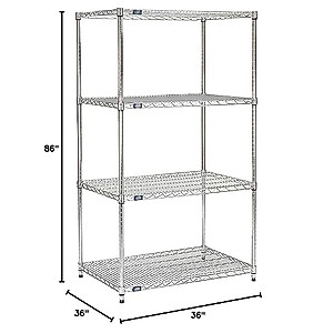 Nexel Adjustable Wire Shelving Unit, 4 Tier, Commercial Dry Storage Rack, 36" x 36" x 86", Chrome
