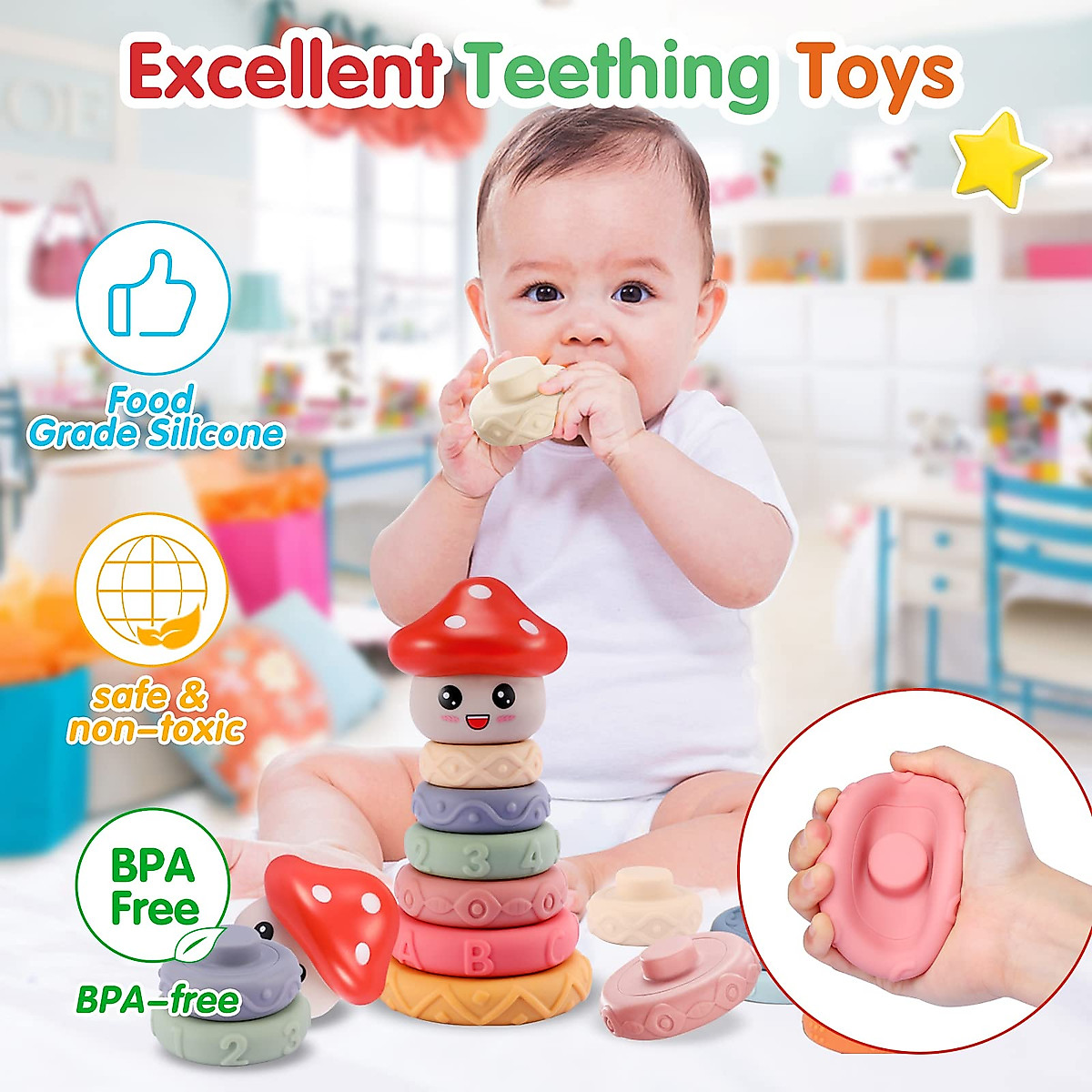 Baby Toys 6 to 12 Months 7Pcs Stacking Rings Montessori Toys for 1 Year Old Girls Boys, Soft Baby Teething Toys with Mushroom Head, Infant Sensory Educational Toys for Toddlers 1-2 Kids Birthday Gifts