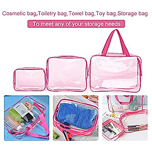 Veki 3Pcs Set Crystal Clear Toiletry Bag TSA Approved Makeup Bag Quart Size Cosmetic Bag Waterproof Travel Bags for Women Men Portable Carry on Airport Airline Compliant Bag (Rose Red)