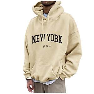 Men's Oversized Pullover Letter Print Graphic Hoodies Long Sleeve Casual New York Sweatshirt with Pocket Mens Pockets Hoodie Black Hoodies Men Trendy Clothes For Men,(Khaki,6XL)