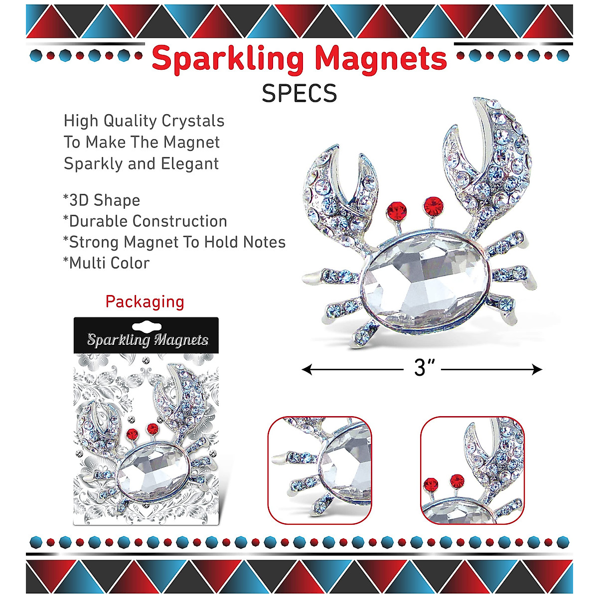 COTA Global Crab Sparkling Refrigerator Magnet - Silver & Red Sparkling Rhinestones Crystals, Cute Sparkly Ocean Life Animal Magnet for Kitchen Door Fridge, Cool Home & Office Novelty Decor - 3 Inch