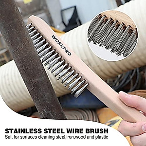 WORKPRO Wire Brush Set, 4Pcs Brass/Stainless/Carbon Steel Bristles Wire Scratch Brushes with Long Curved Beechwood Handle for Rust, Dirt & Paint Scrubbing with Deep Cleaning