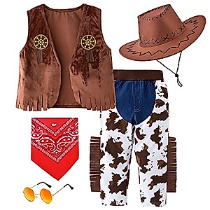 ZZIHAN Kids Cowboy Costume Chaps Vest for Boys Role Play Cowboy Cowgirl Hat Bandanas Sunglasses Dress up Accessories for Toddlers Boys Girls Birthday Party Halloween Christmas Cosplay Gift 3-5T