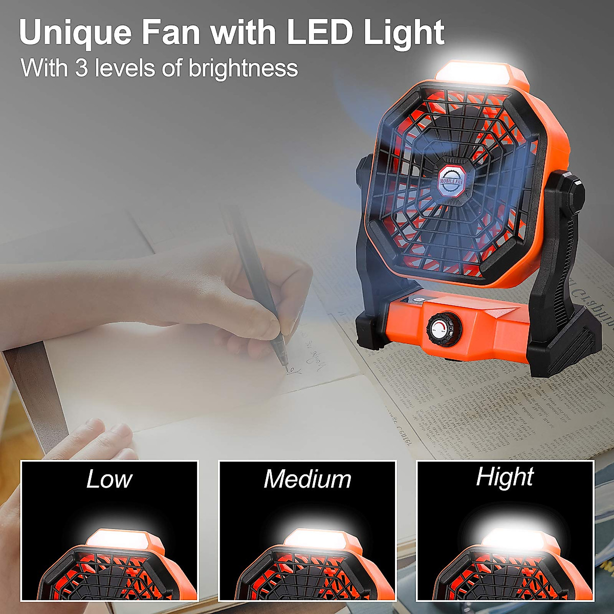 ivSunTEK Portable Camping Fan with LED Light and 270° Adjustment, Powerful, Quiet, and USB Rechargeable for Indoor and Outdoor Use