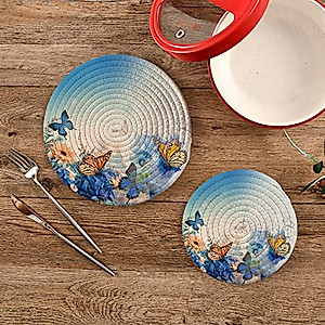 Blue Butterfly Floral Kitchen Pot Holders 2 Pack Spring Flower Trivet Mats Set 100% Cotton Round Thread Weave Hot Pads Stylish Coasters for Baking Cooking Cups Dinning Counter