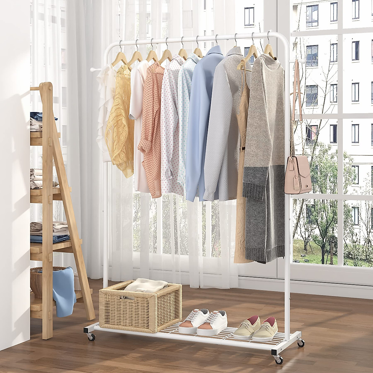 Sywhitta Clothes Rack on wheels, Clothing Rack with Bottom Mesh Storage Shelf,Sturdy Metal Frame,Rolling Garment Rack for Hanging Clothes,Coats,Skirts,39.76" L x 16" W x 64.56" H,White