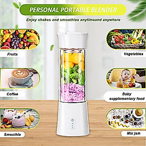 Portable Blender for Smoothies and Shakes, USB Rechargeable Personal Blender with 6 Blades,Mini Blender with Travel Cup and Lid,Handheld Personal Size Blender for Home/Gym/Travel,BPA-Free(White)