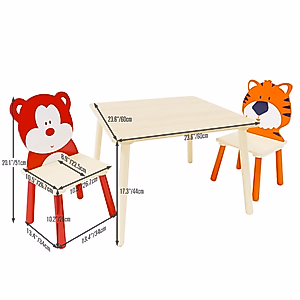 BAOMKONG Kids Table and Chairs, Childrens Table and Chair Set of 3 Piece, Wooden Cartoon Animals Design, Ideal for Arts & Crafts, Gift for Ages 2+, Bear & Tiger