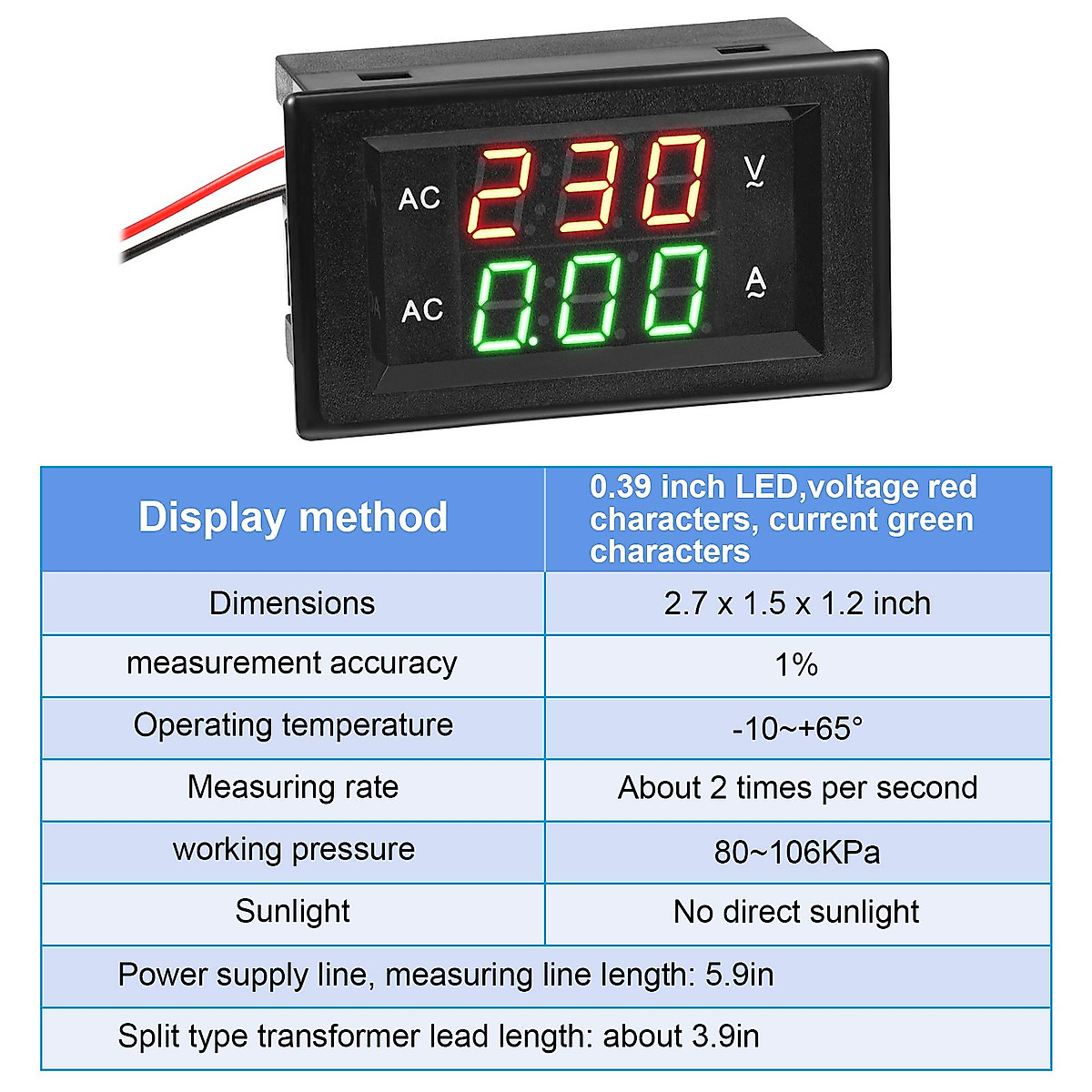 Volt Amp Meter 500V 200A Voltmeter Voltage and Current Meter Digital Dual Display, 0.39 Inches LED 2 in 1 Multimeter, 2-Wire Voltage Amperage Tester Gauge with Current Transformer (2)
