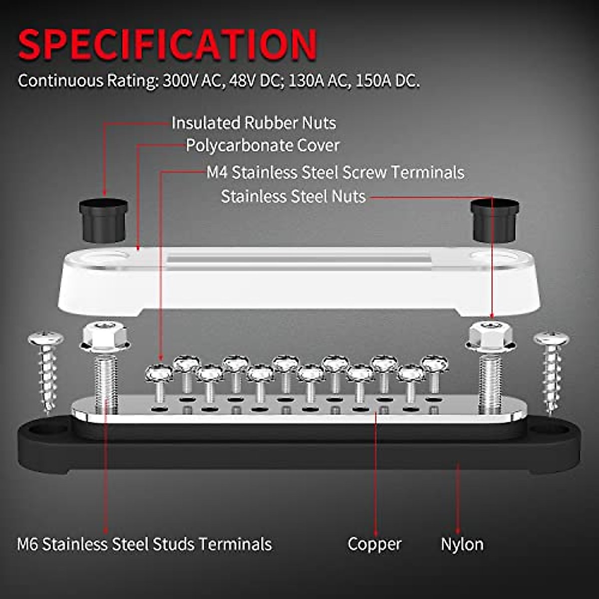 DaierTek 12V Power Distribution Block 2 x 1/4" (M6) Terminal Studs 12 x M4 (#8) Terminal Screws Battery Bus Bar Terminal Block Max 48V Positive & Negative Busbar for Automotive Car Boat