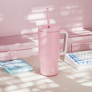Meoky 24 oz Tumbler with Handle and Straw, 100% Leak-proof Tumbler with Lid and Straw, Insulated Stainless Steel Travel Coffee Mug, Keeps Cold for 24 Hours (Blush)