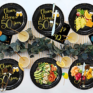50Pcs 50th Birthday Plates 50th Birthday Party Supplies 7"50th Dessert Plate Cheers to 50 Years Cake Plates for Cheers & Beers Black Gold Theme 50th Birthday Anniversary Whiskey Party Decoration(50th)