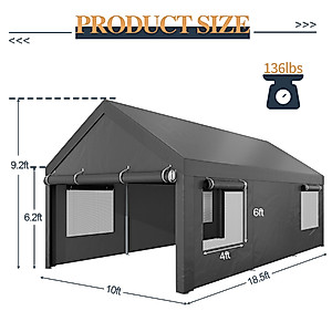 Shintenchi 10x18.5ft Heavy Duty Carport, Portable Garage with Removable Sidewalls, Doors and Ventilated Windows, All-Season Tarp, UV Resistant Waterproof Carport Canopy for Outdoor (Grey)