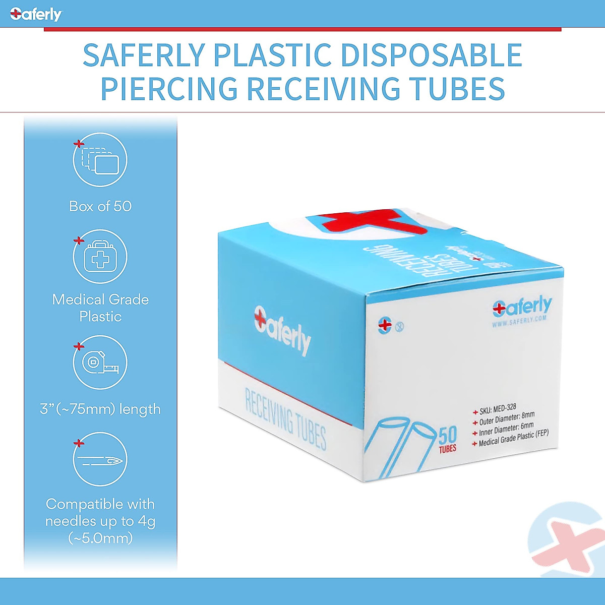 Saferly Body Piercing Needle Receiving Tubes - 8mm Plastic Medical Grade Disposable Piercing Needle Receiving Tubes - Body Jewelry Piercing Supplies (Box of 50)