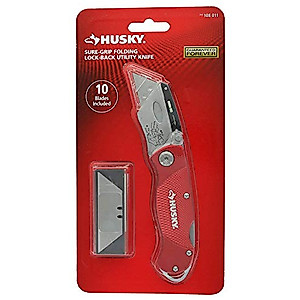 Husky 21113 Folding Sure-Grip Lock Back Utility Knife w/ 10 Disposable Blades Included (Colors Vary)