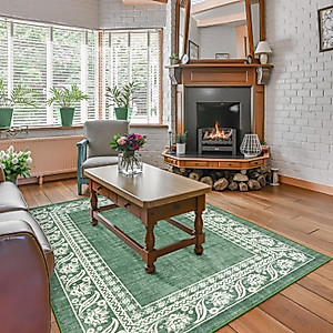 Seavish Vintage Bordered Living Room Rug - 5x7 Green Neutral Area Rug for Bedroom Aesthetic Low Pile Large Entryway Rug Soft Washable Accent Rug Floor Carpets Mat for Nursery Dining Room Dorm Foyer