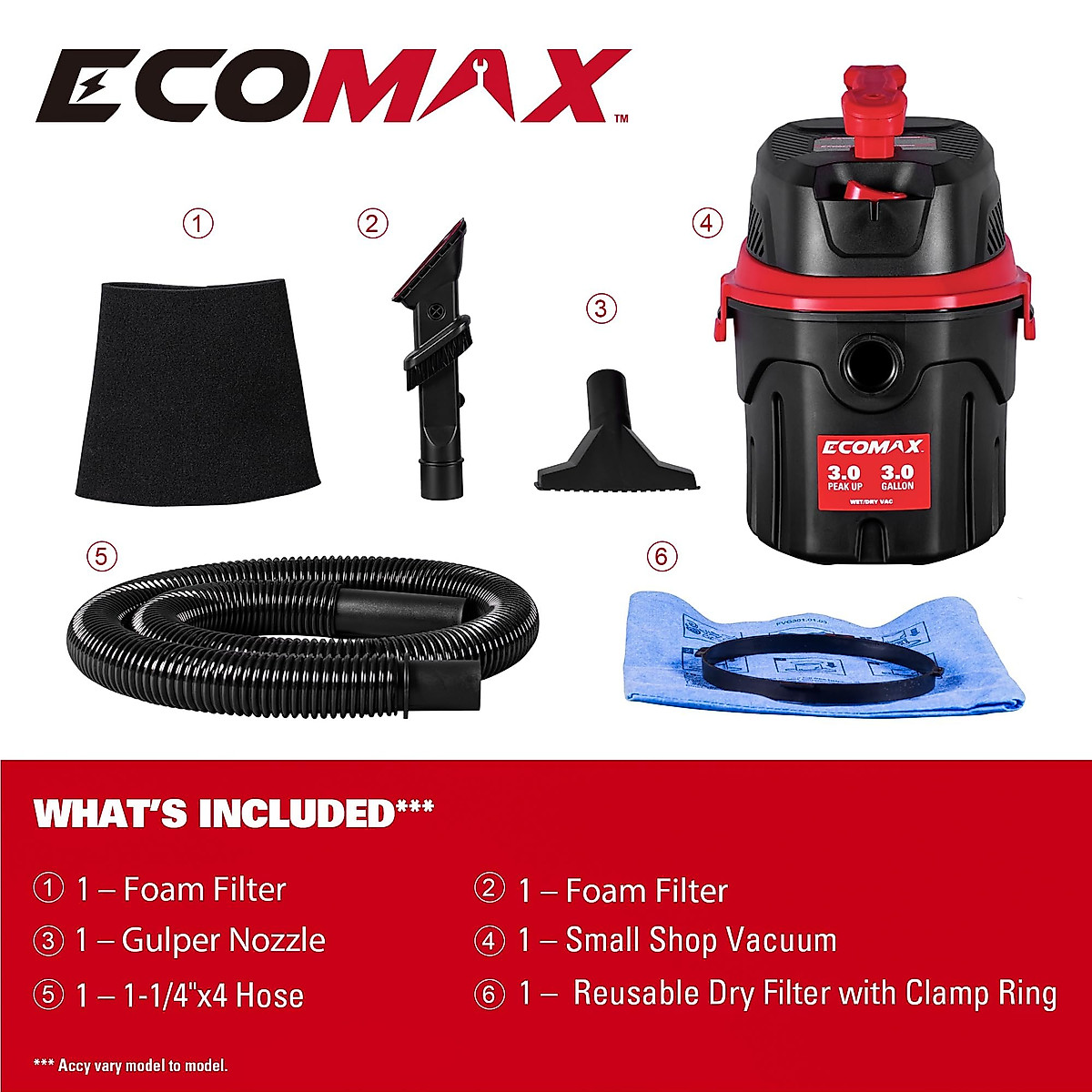 ECOMAX Small Shop Vacuum Wet/Dry 3 Gallon, 3 Peak HP, Small Shop Wet Dry Vac, 3-in-1 Mini Shop Vacuum with Blower Function, with Air Flow 80CFM, for Home, Car Detailing, Workshop, EM18910P-3
