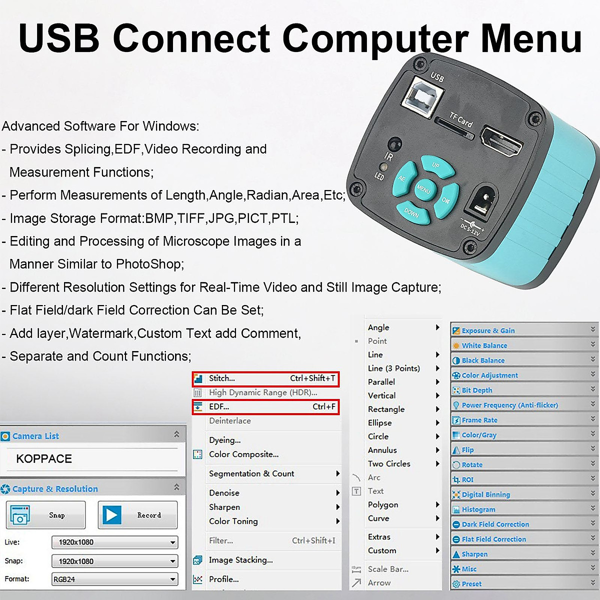 Microscope Camera, 100‑240VAC Industry Camera 400-700nm USB 2.0 2MP High Definition Multimedia Interface for Industrial Use (US Plug)