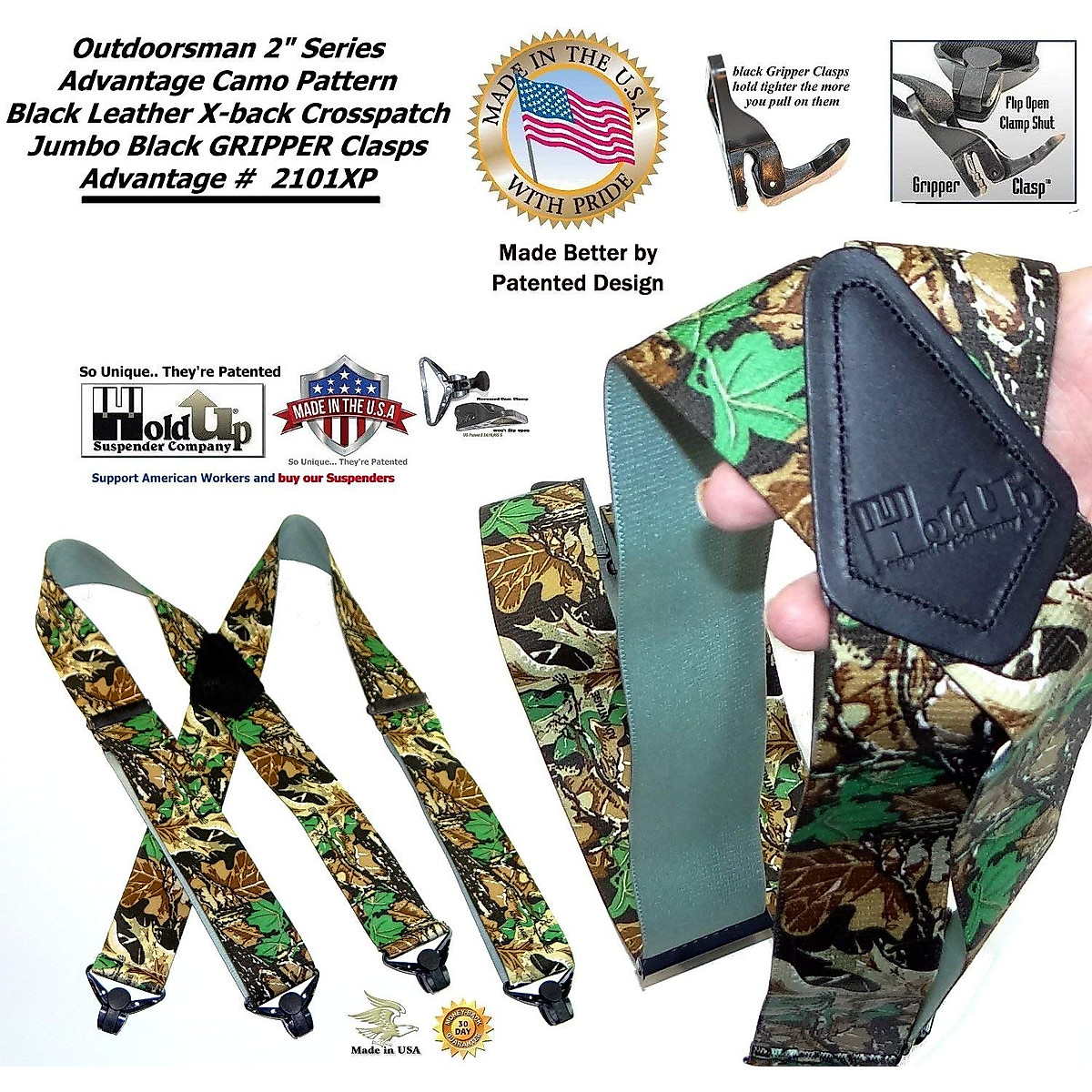 Holdup 2" Wide Outdoorsman Series Advantage Pattern Suspenders for Men with Composite Plastic USA Patented Gripper Clasp