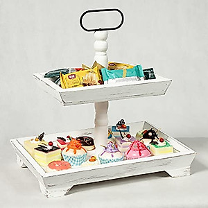 Dugunusu Farmhouse Two Tiered Tray Stand, Rectangle Rustic Wood Two Tiered Tray, Wooden Cake Stand Kitchen Tiered Tray, Decor Serving Tray for Home Farmhouse Décor (White)